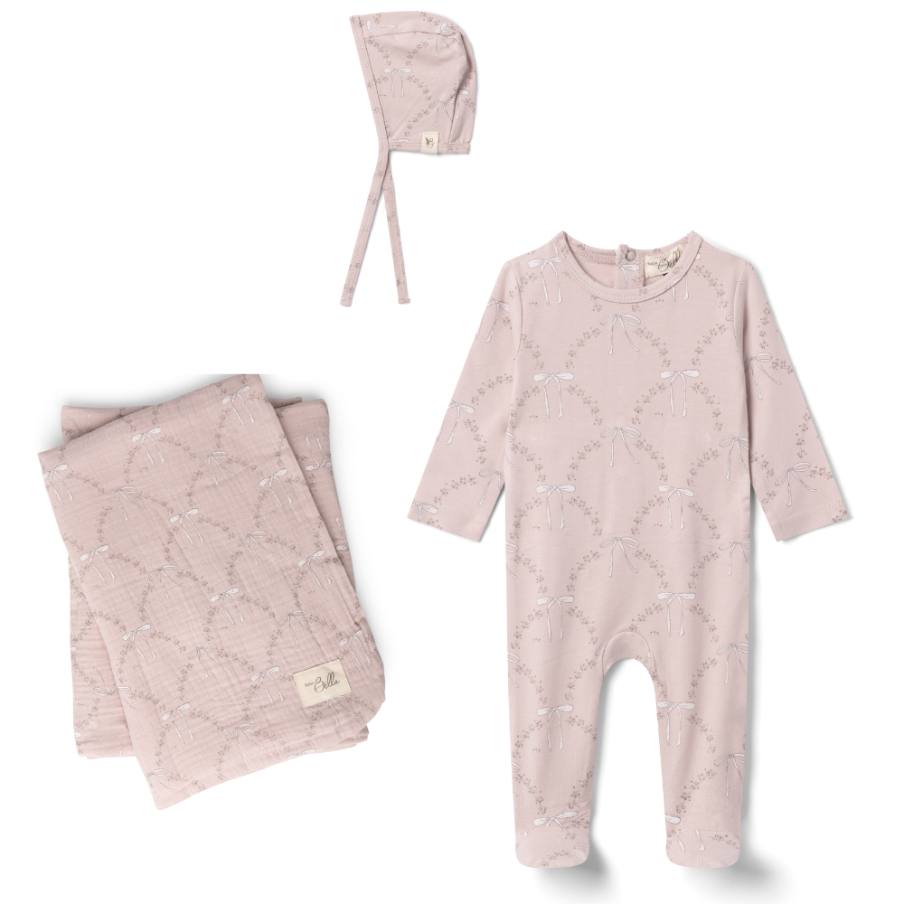Bebe Bella All Over Bow Print Layette Set - Primrose – Babys breath layette